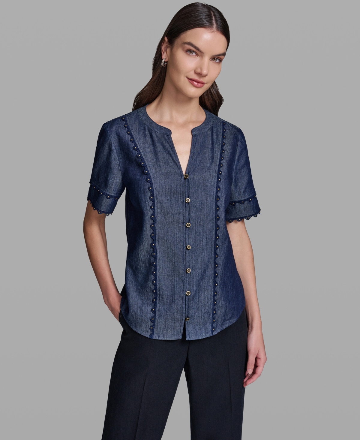 Click here for Karl Lagerfeld Paris Womens V-Neck Nailhead Trim S... prices