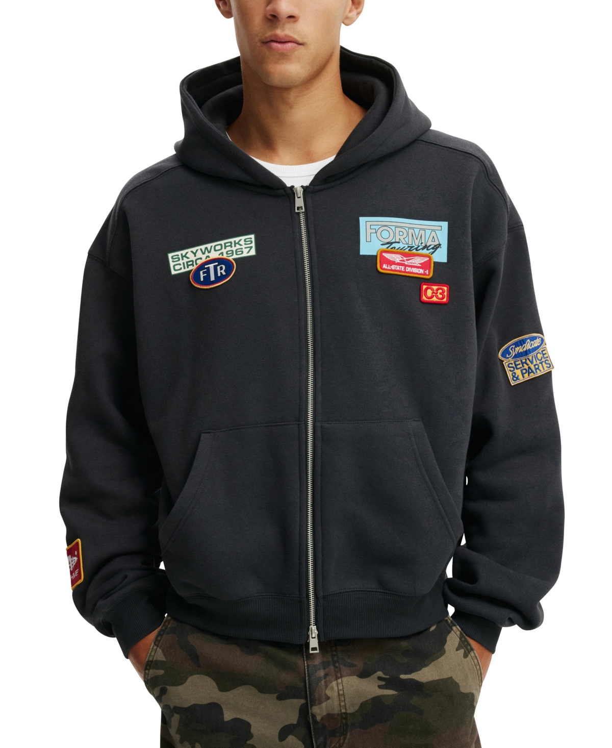 Click here for Cotton On Mens Cropped Zip-Up Graphic Hoodie - Bla... prices