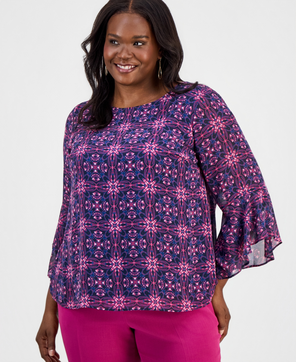 Click here for Kasper Plus Size Printed Ruffled 3/4-Sleeve Top -... prices