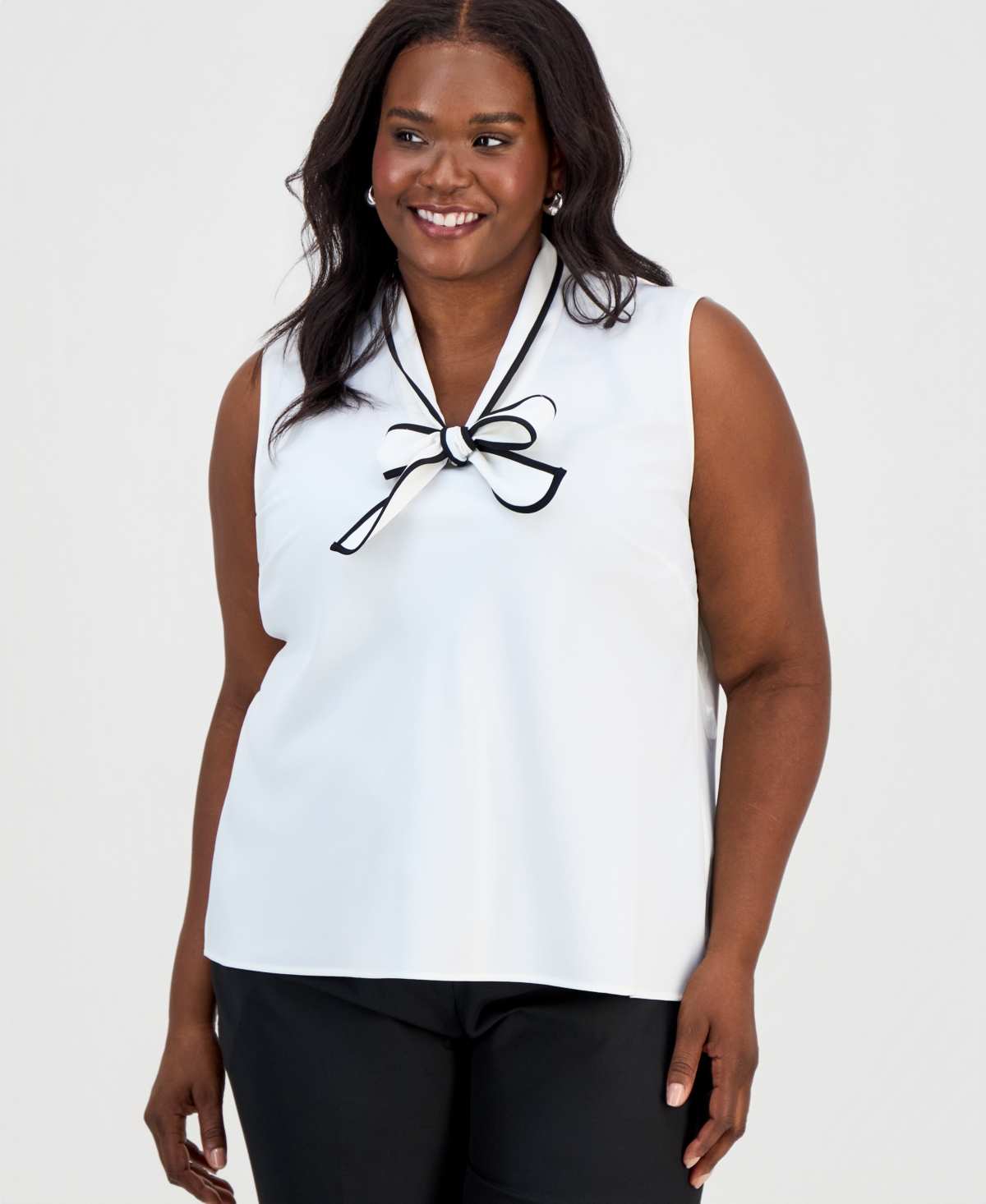 Click here for Kasper Plus Size Sleeveless Tie-Neck Top - Vanilla... prices