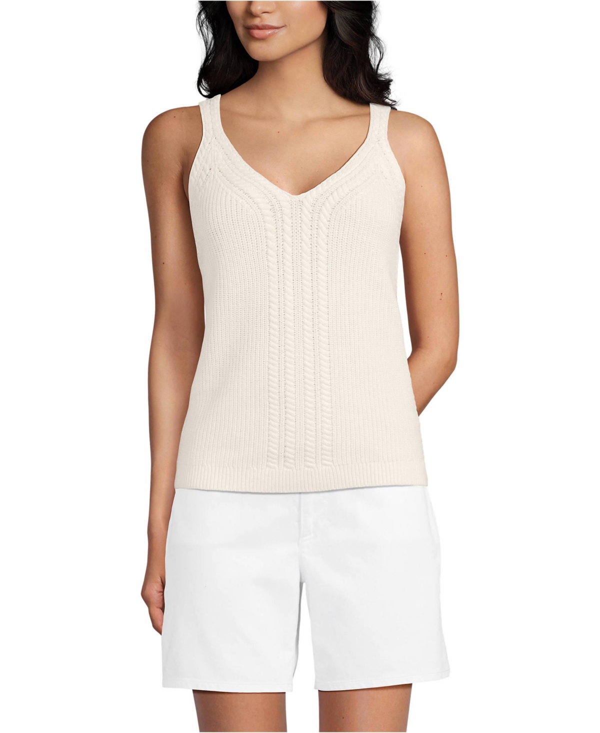 Click here for Lands End Womens Cotton Cable Vneck Tank Sweater -... prices