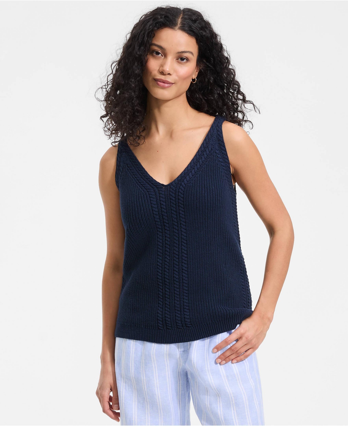 Click here for Lands End Womens Cotton Cable Vneck Tank Sweater -... prices