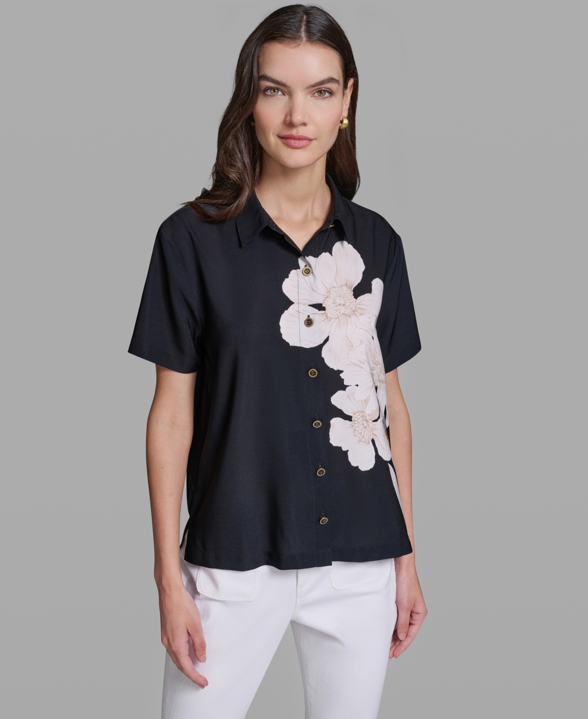 Click here for Karl Lagerfeld Paris Womens Floral Print Collared... prices