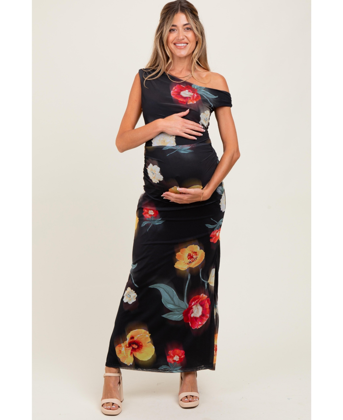 Click here for Pinkblush Maternity Black Mesh Floral One Shoulder... prices