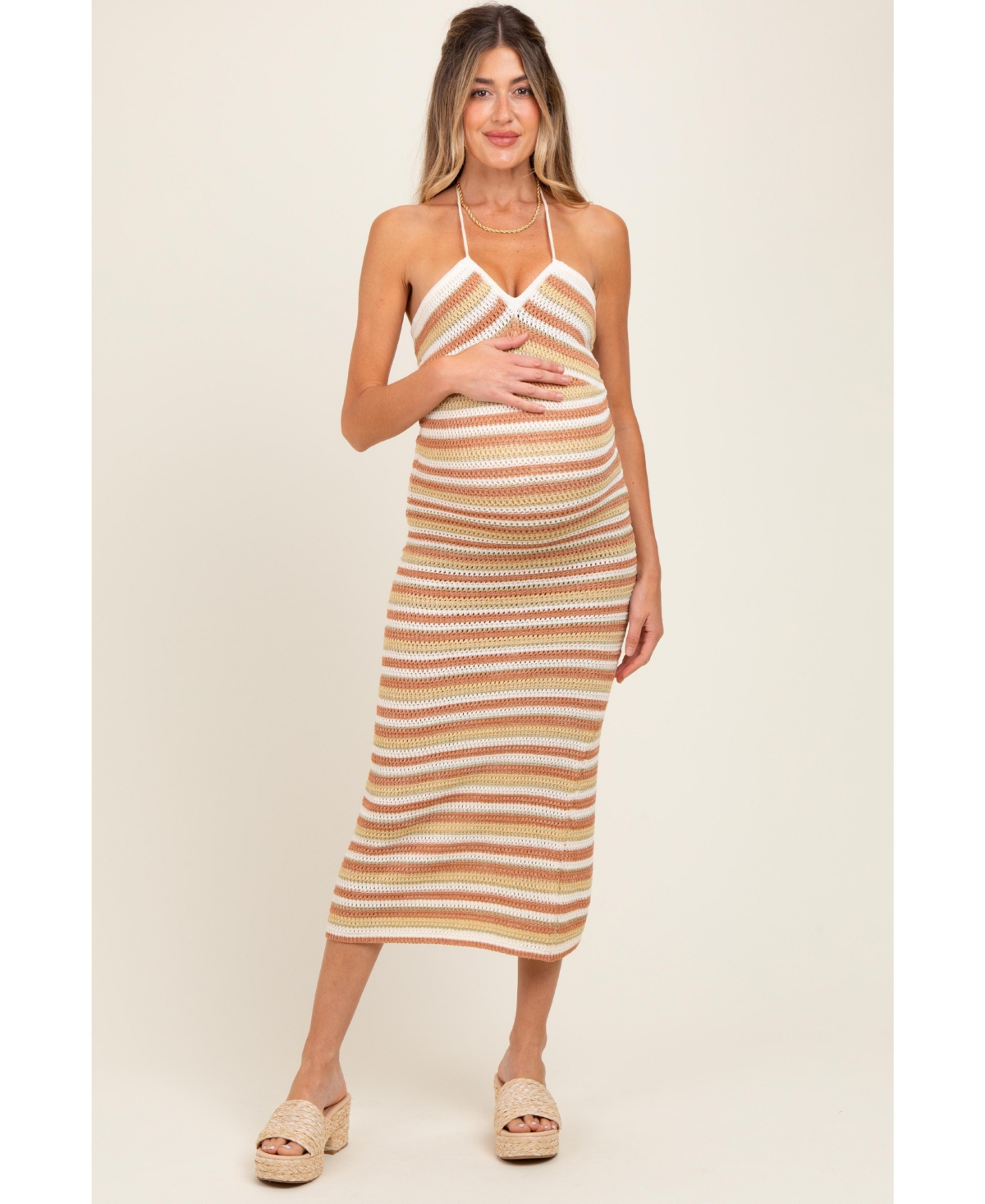 Click here for Pinkblush Maternity Light Olive Striped Halter Cro... prices