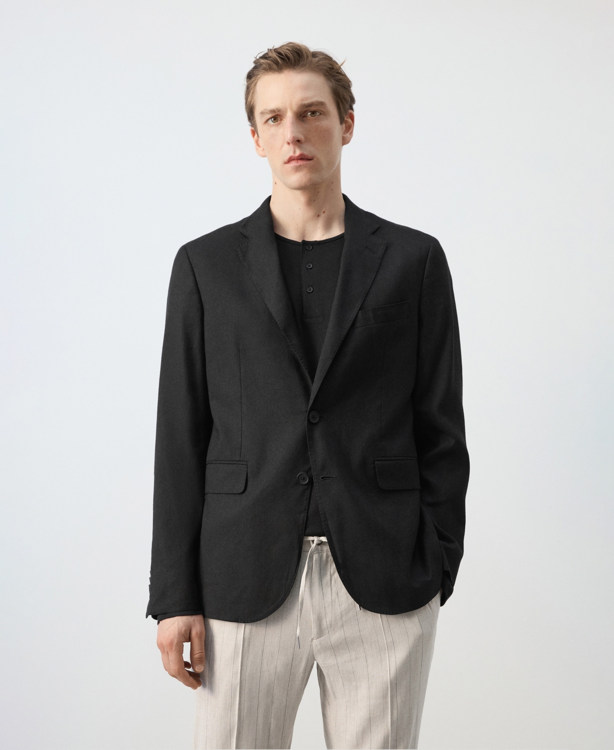 Click here for Mango Mens Slim-Fit Linen-Blend Suit Jacket - Blac... prices
