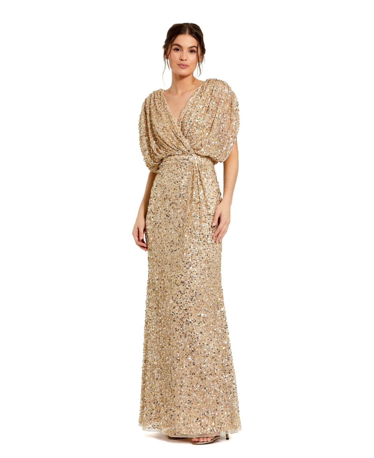 Click here for Mac Duggal Petite Sequin Draped Sleeve V-Neck Gown... prices