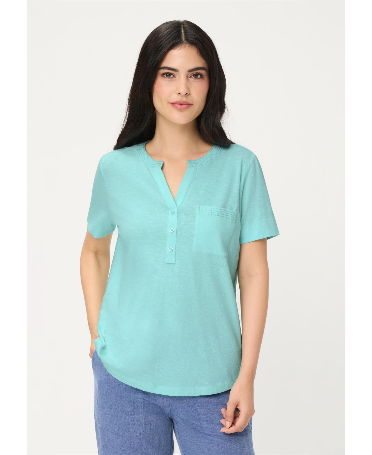 Click here for Olsen Womens Solid Henley T-Shirt - Pool blue prices