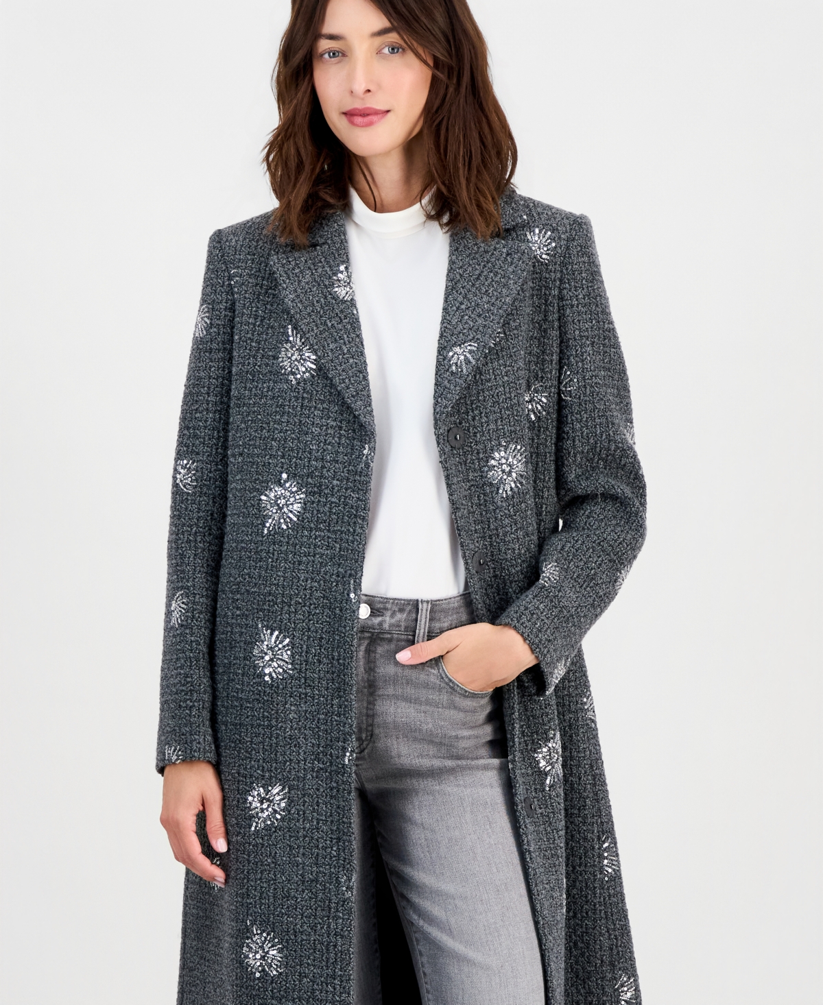 Click here for CeCe Petite Single-Breasted Sparkle Boucle Maxi Co... prices