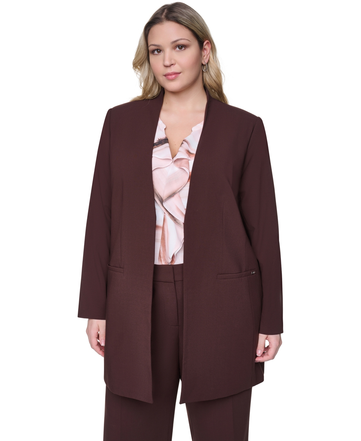 Click here for Calvin Klein Plus Size Collarless Open-Front Rollb... prices