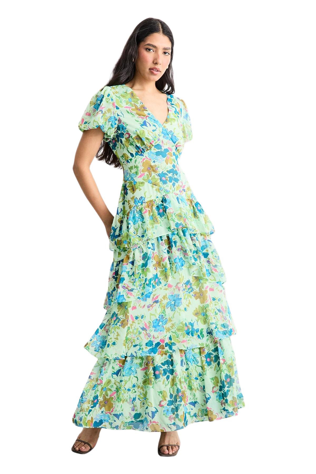 Click here for Warehouse Womens Waist Puff Sleeve Tiered Midi Dre... prices