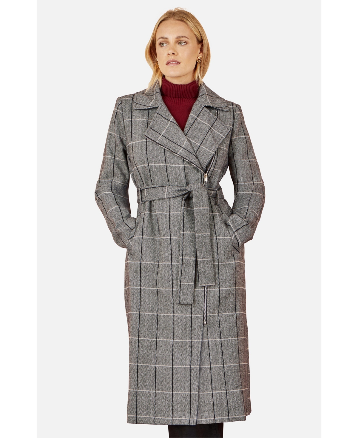 Click here for Yumi Womens Check Oversize Long Biker Coat - Grey prices