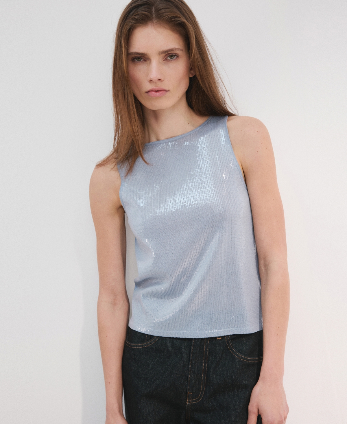 Click here for Mango Womens Sequins Knit Top - Sky Blue prices