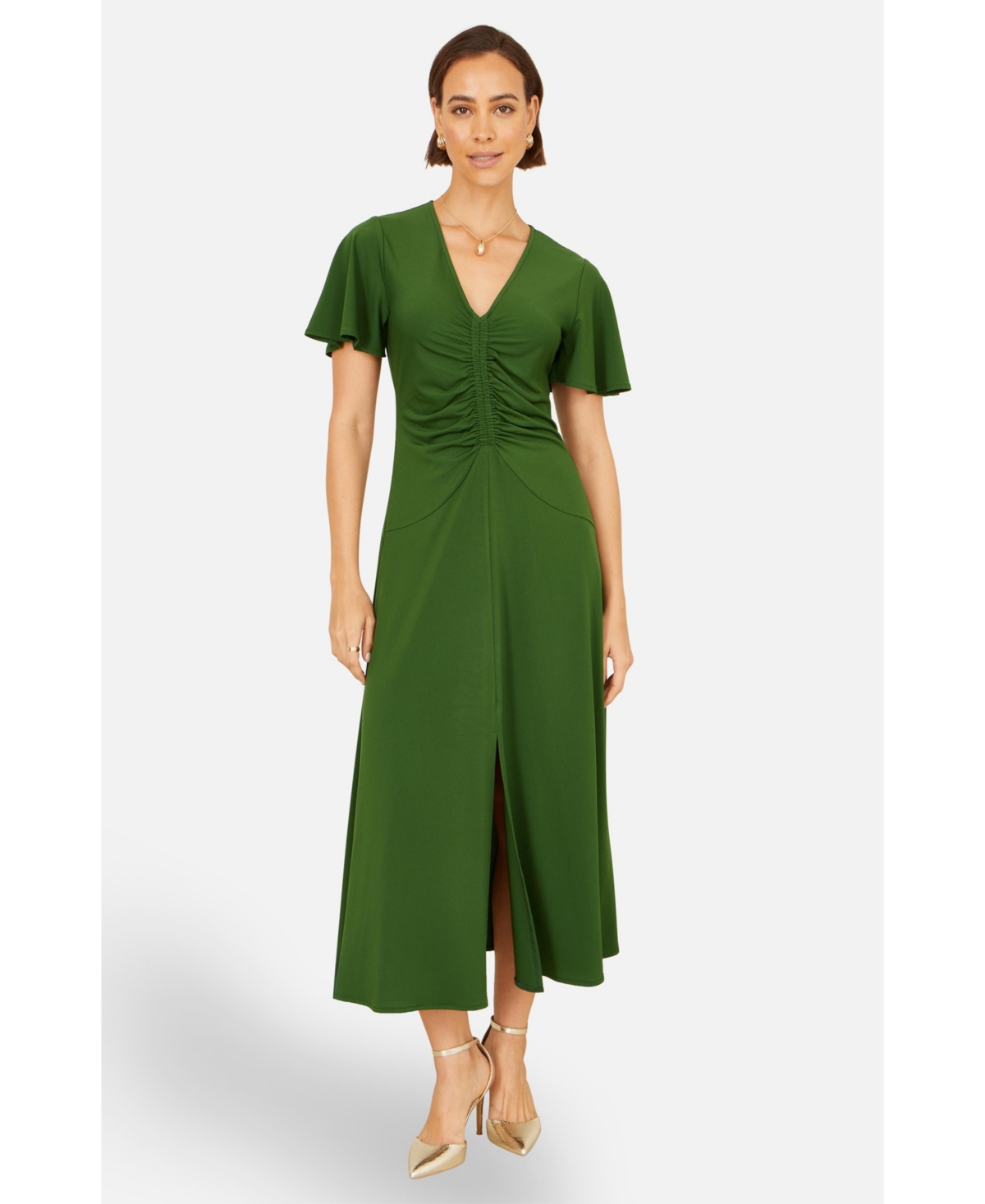 Click here for Yumi Womens Ruched Front Stretch Midi Dress - Gree... prices