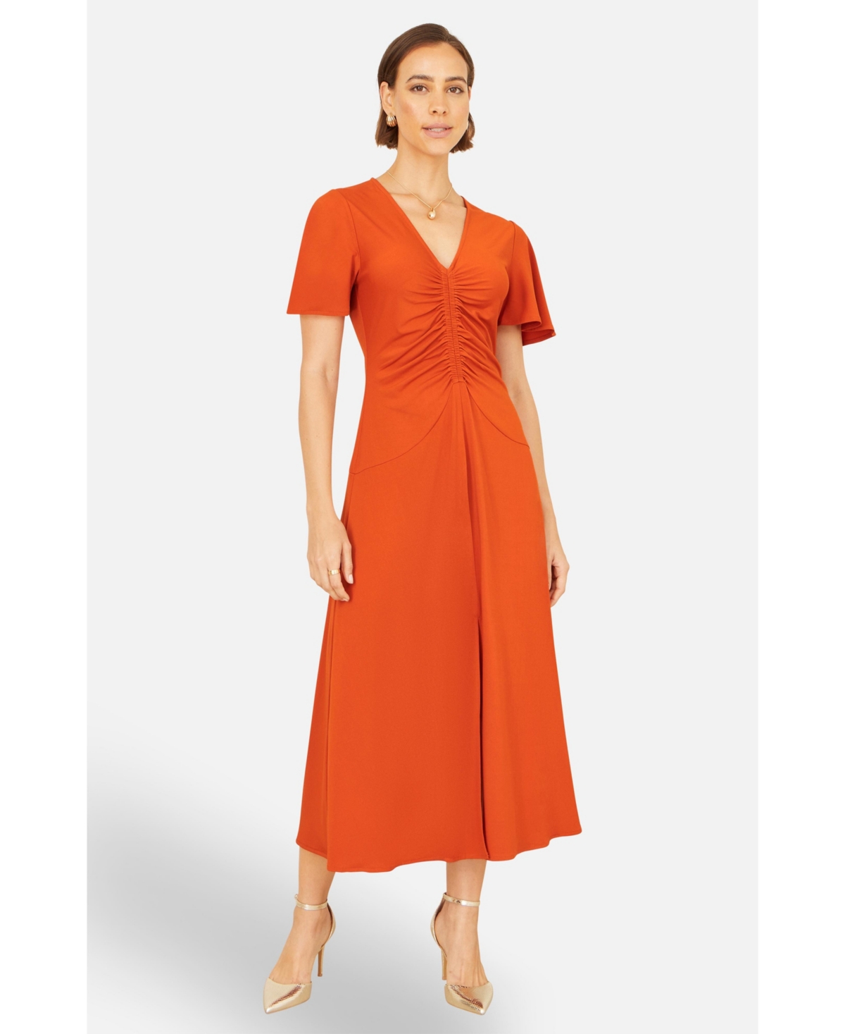 Click here for Yumi Womens Ruched Front Stretch Midi Dress - Oran... prices