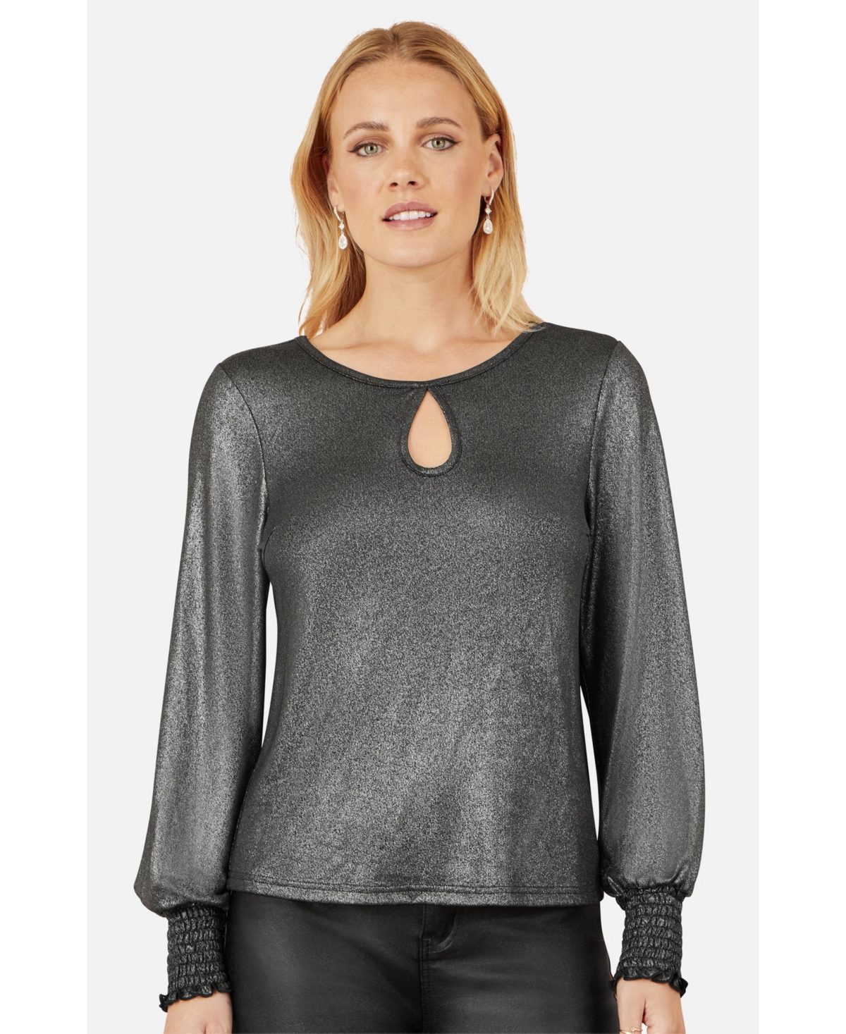 Click here for Yumi Womens Metallic Bow Back Top - Black prices