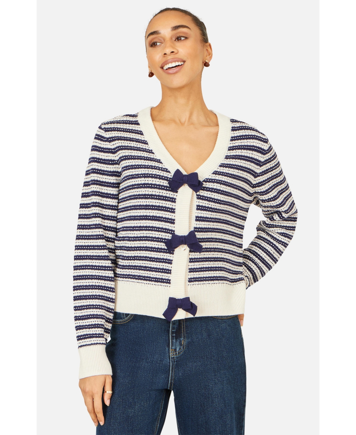 Click here for Yumi Womens Stripe With Bow Detail Cardigan - Navy prices