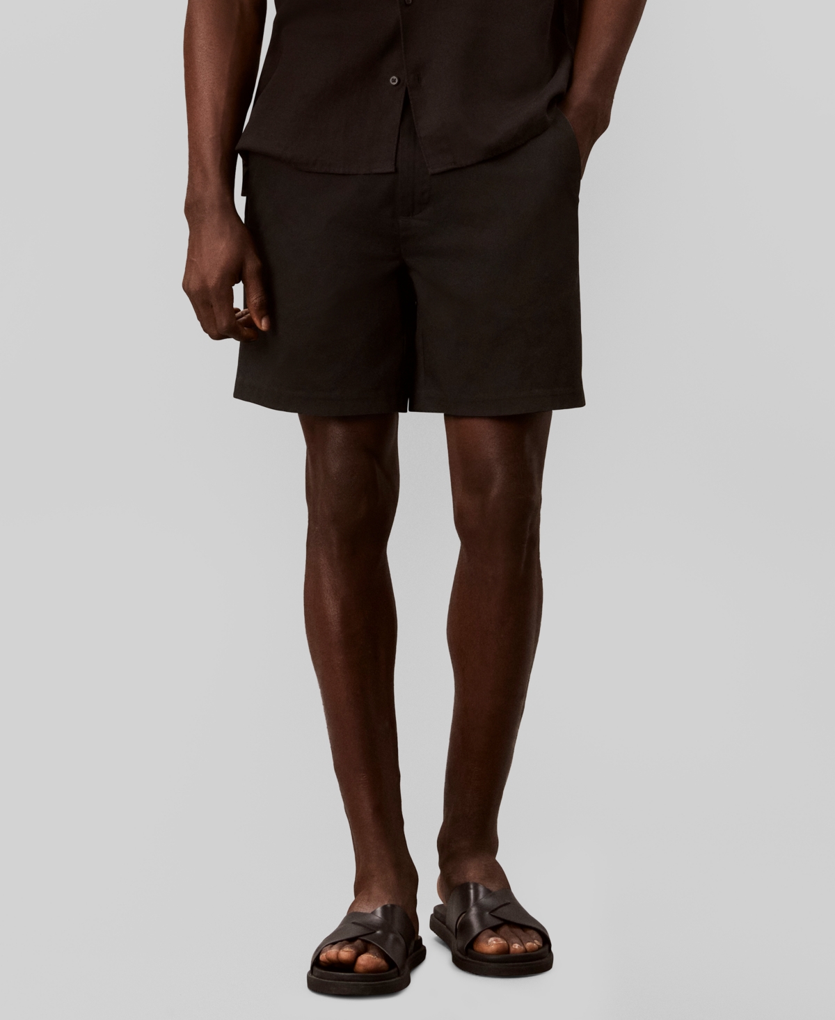 Click here for Calvin Klein Mens Straight-Fit Linen Shorts - Blac... prices