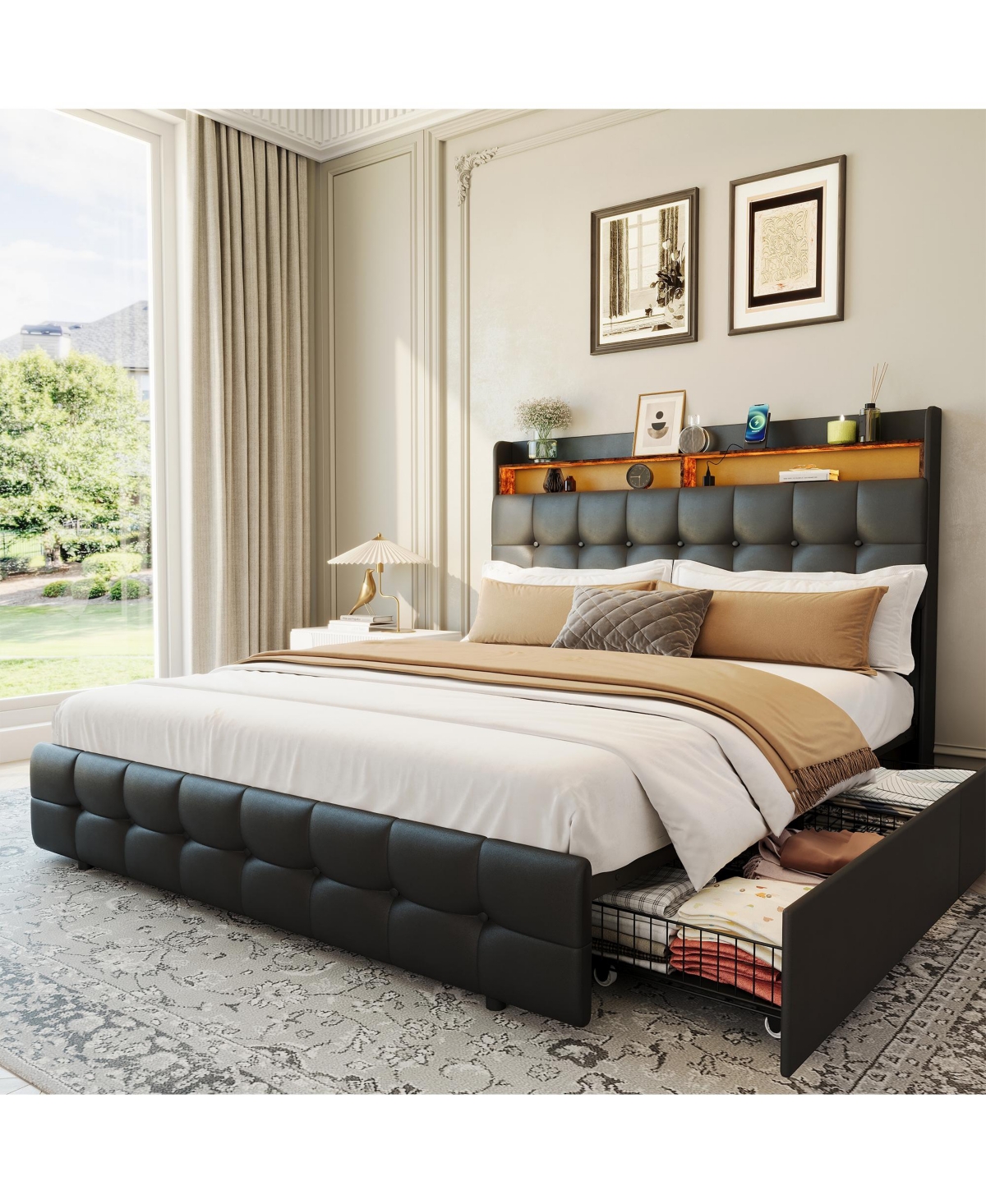 Click here for homfan Upholstered Bed Frame with Led Storage Head... prices
