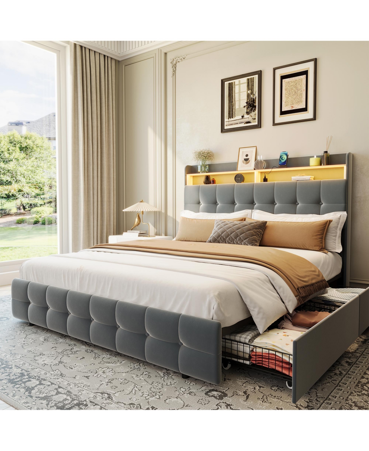 Click here for homfan Upholstered Bed Frame with Led Storage Head... prices