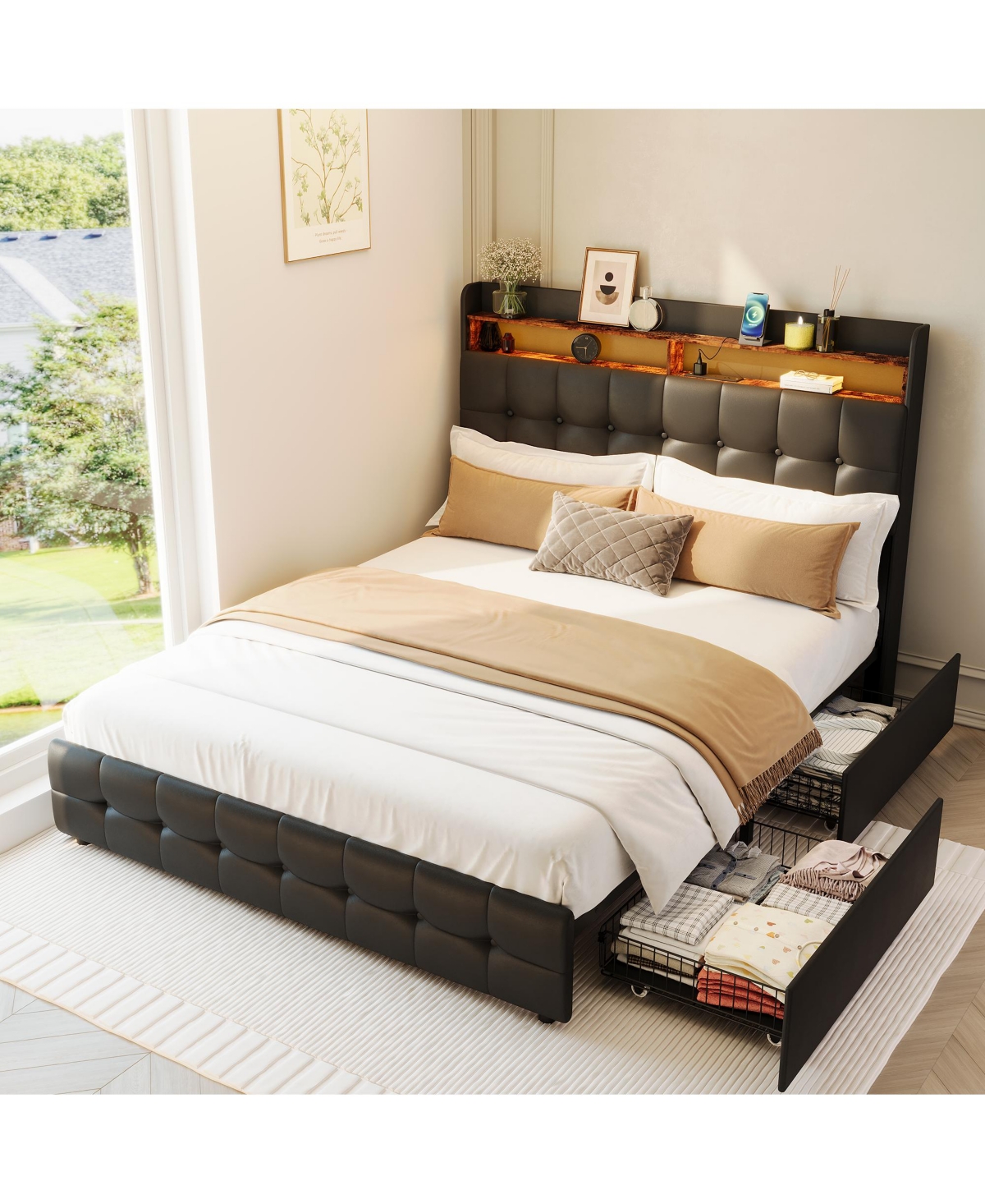 Click here for homfan Upholstered Bed Frame with Led Storage Head... prices