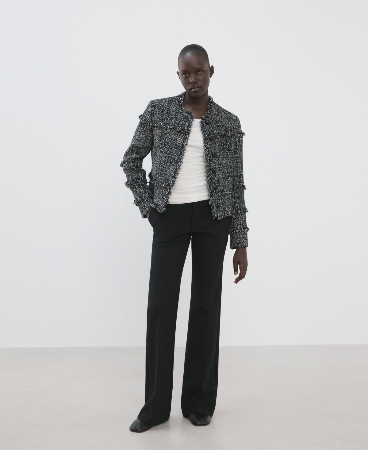 Click here for Mango Womens Frayed Ends Tweed Jacket - Black prices
