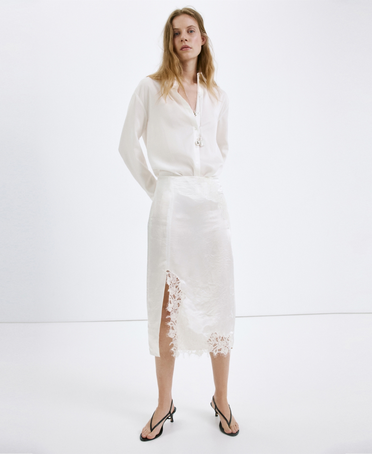 Click here for Mango Womens Satin Lace Skirt - White prices