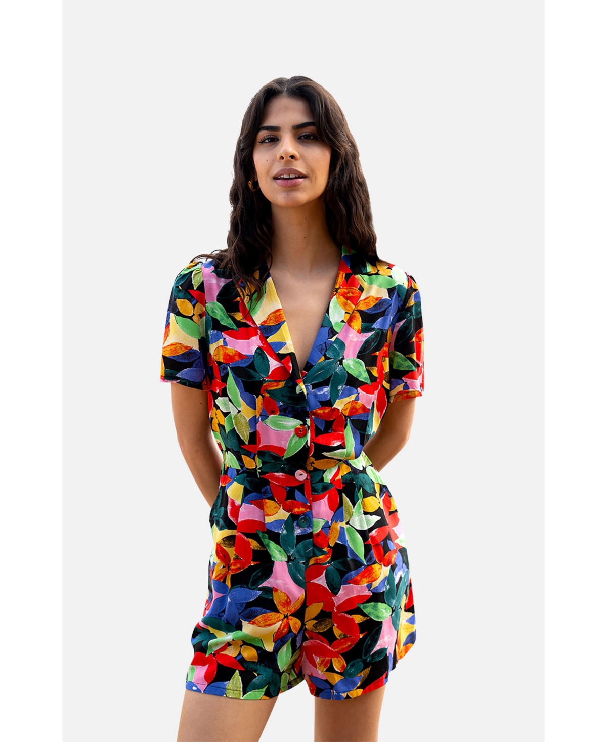 Click here for Yumi Womens Printed Button-Up Collared Playsuit -... prices