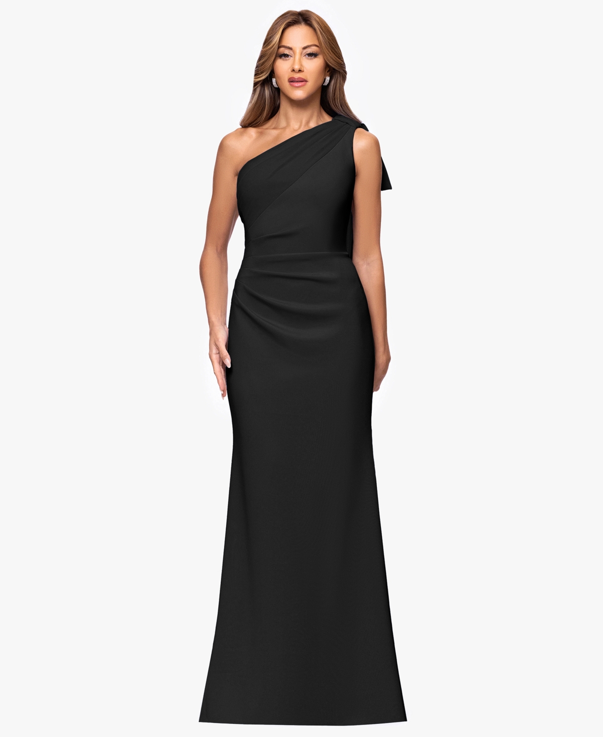 Click here for Xscape Petite One-Shoulder Scuba Sheath Gown - Bla... prices