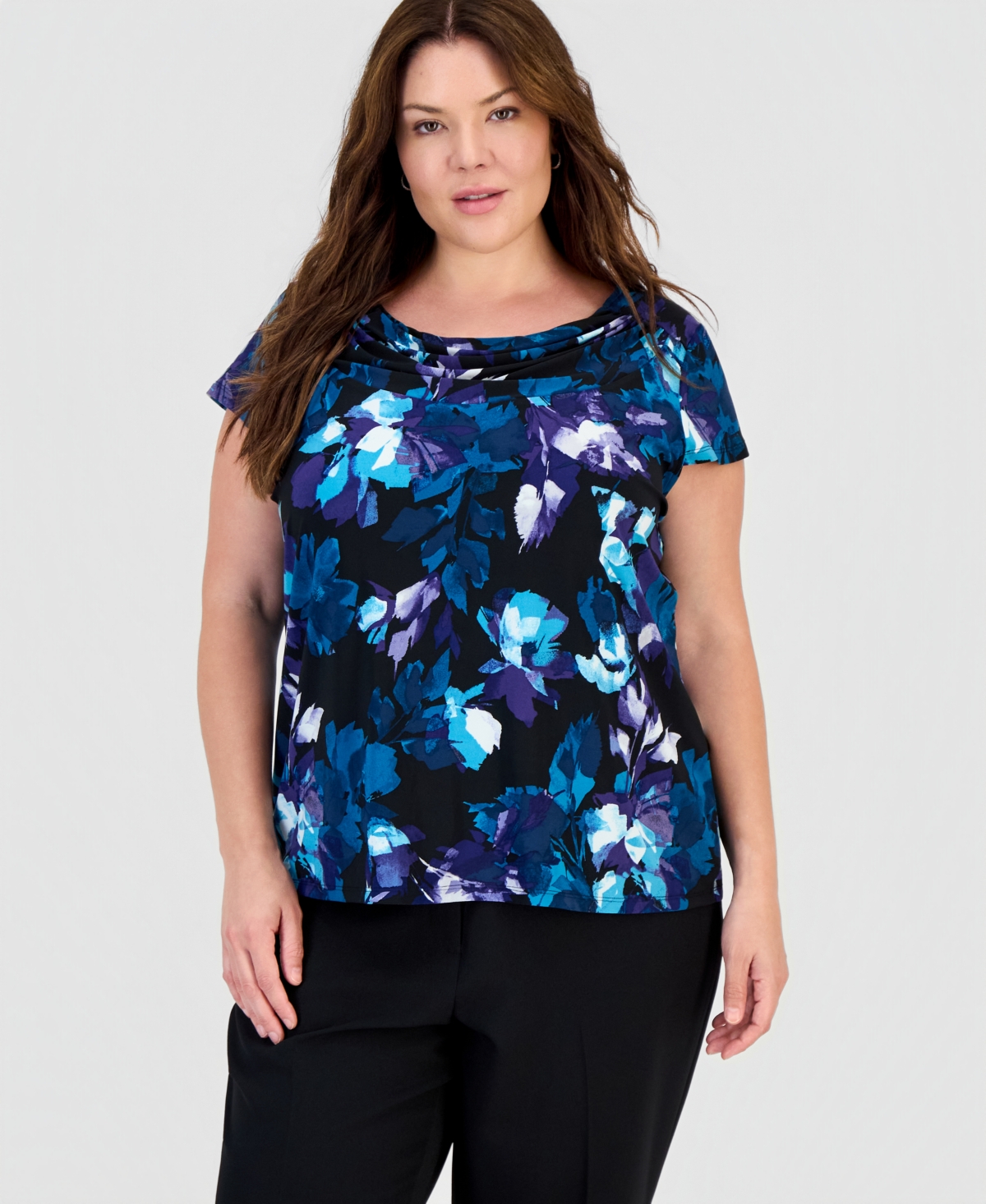 Click here for Kasper Plus Size Printed Cowl-Neck Cap-Sleeve Top... prices