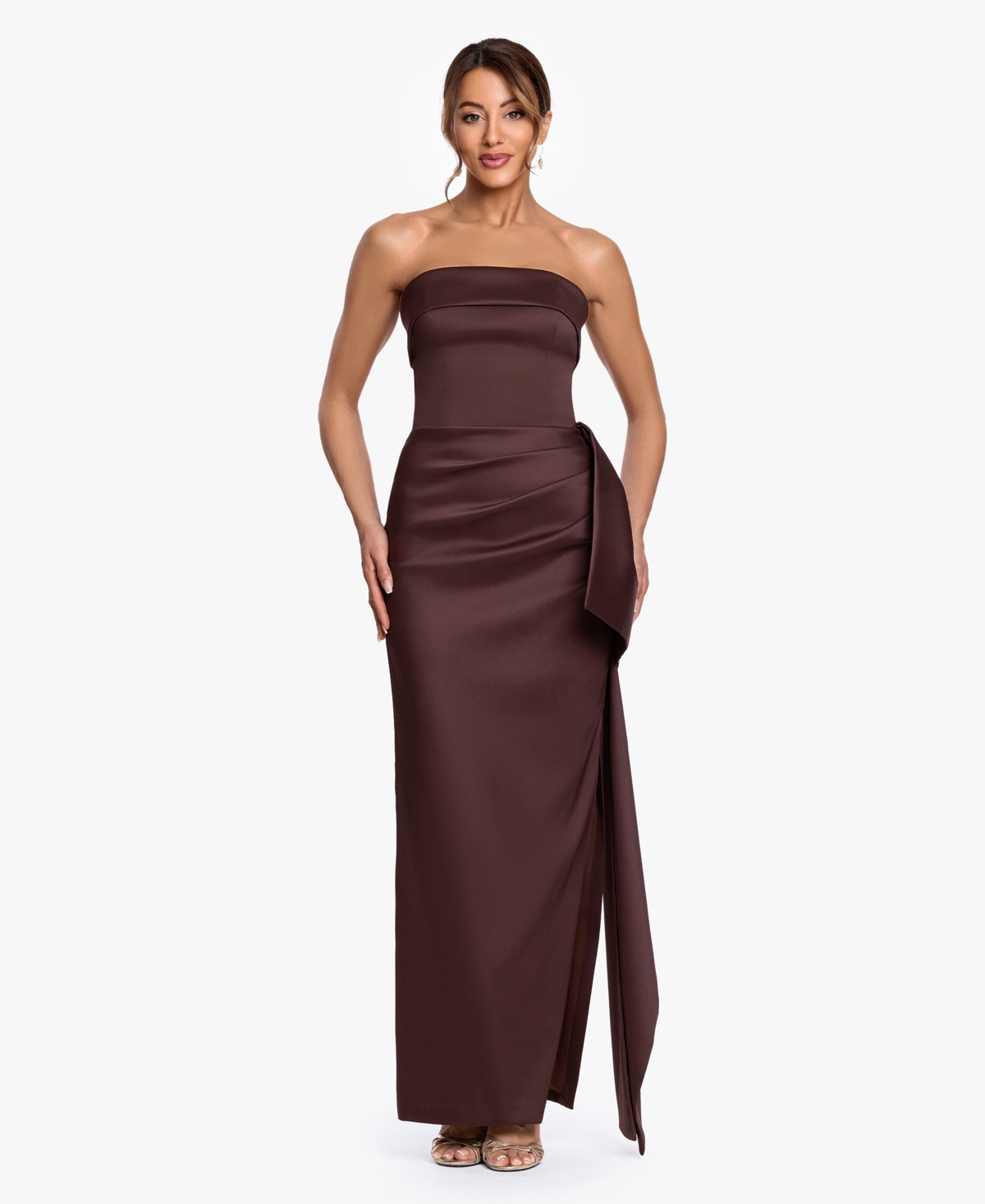 Click here for Xscape Womens Strapless Ruffle Long Dress - Chocol... prices