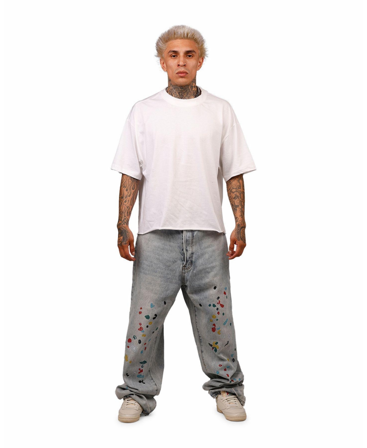 Click here for Mnml Mens Ultra Baggy Paint Splat Denim Jeans prices
