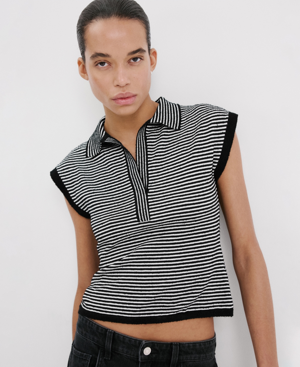 Click here for Mango Womens Striped Polo-Neck Sweater - Black prices