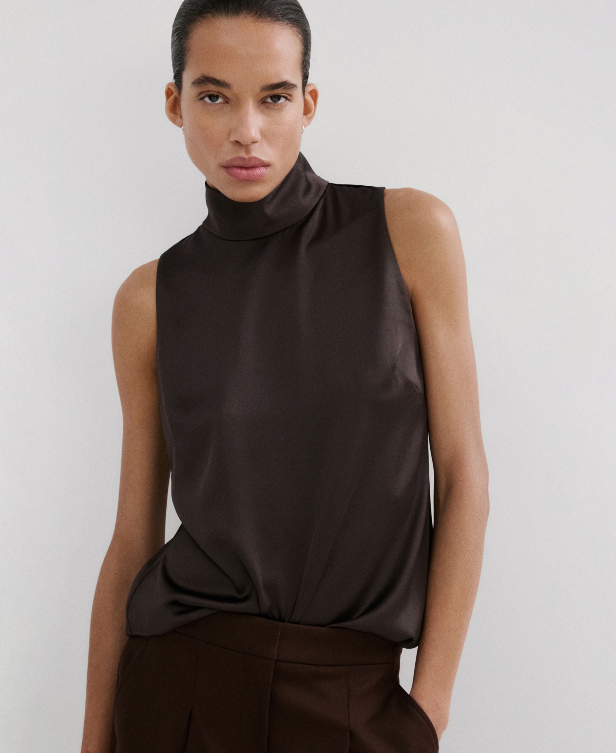 Click here for Mango Womens High Collar Satin Blouse - Chocolate prices