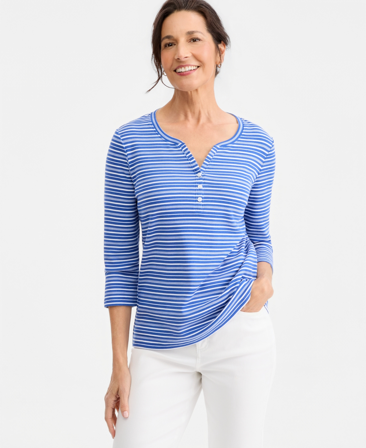 Click here for Style & Co Womens Printed 3/4-Sleeve Henley Top  M... prices