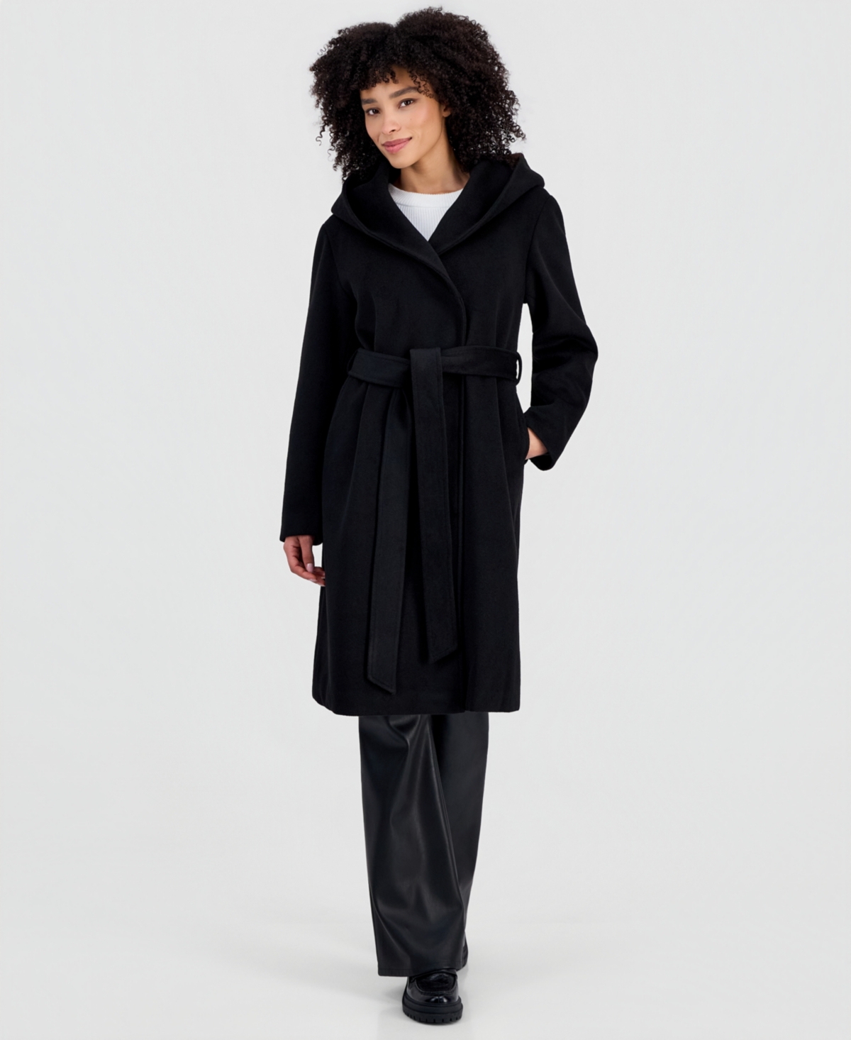 Click here for Steve Madden Womens Hooded Tie-Belt Wrap Coat - Bl... prices