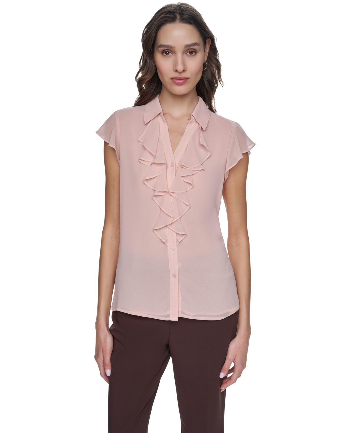 Click here for Calvin Klein Petite Collared Ruffle-Front Top - Bl... prices