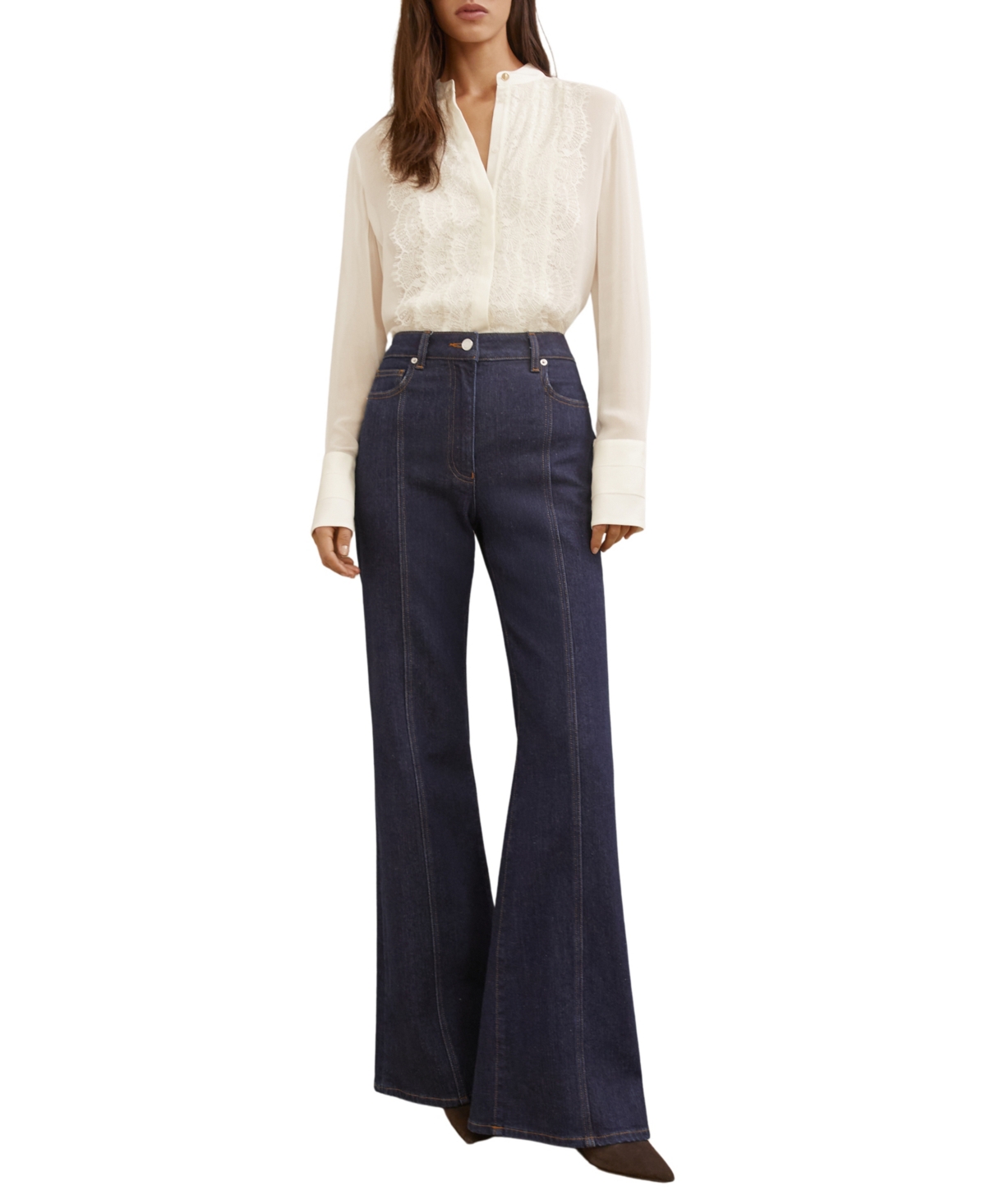 Click here for Reiss Womens Lace-Trim Sheer Button-Through Shirt... prices
