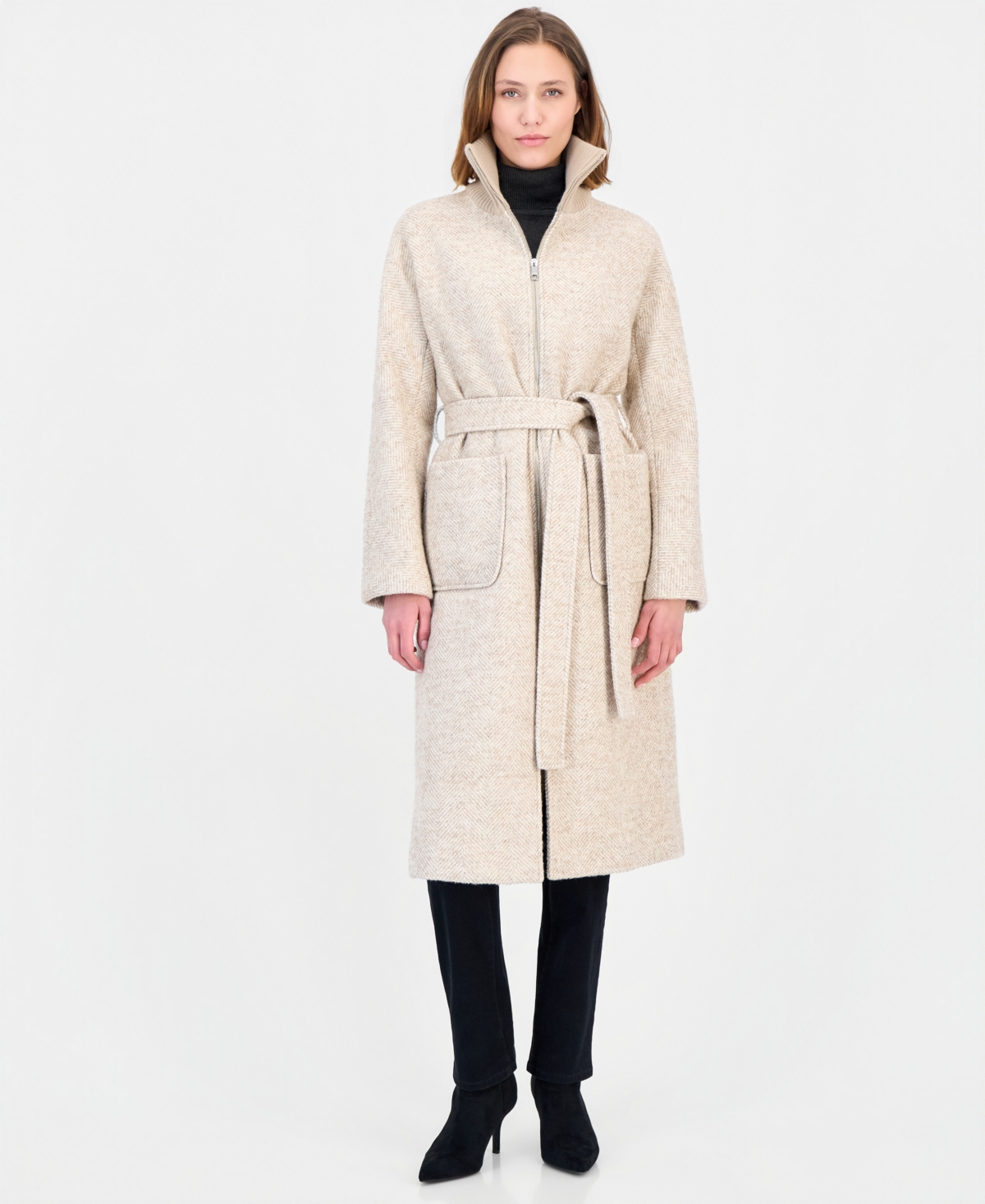 Click here for Calvin Klein Womens Belted Knit-Collar Textured Co... prices