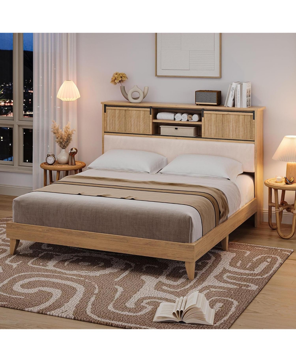 Click here for gaomon Full Rattan Bed Frame with Shelves  Boho Wo... prices