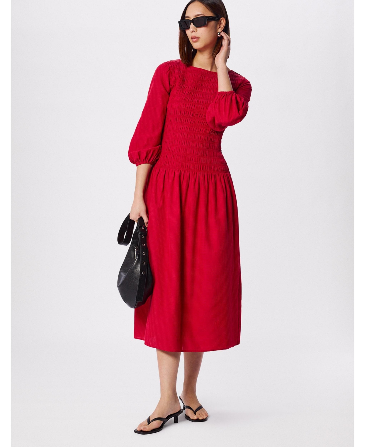 Click here for Whistles Womens Smocked Bodice Midi Dress - Red prices