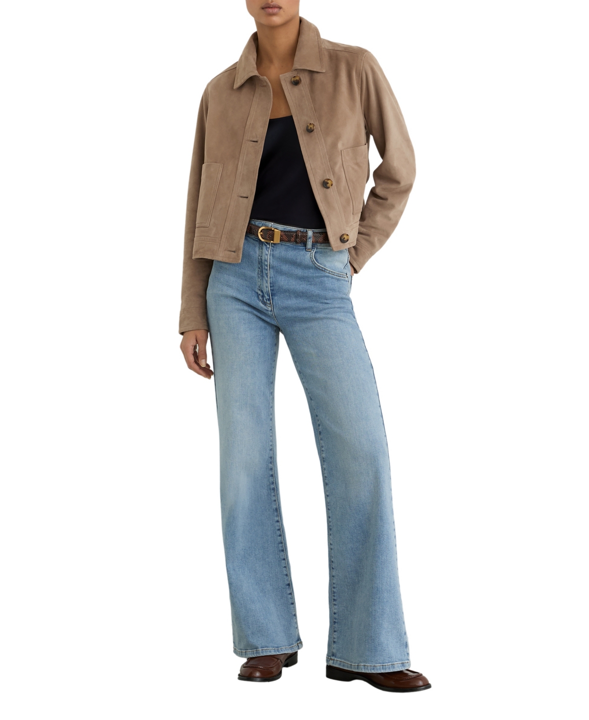 Click here for Reiss Womens Suede Cropped Trucker Jacket - Neutra... prices