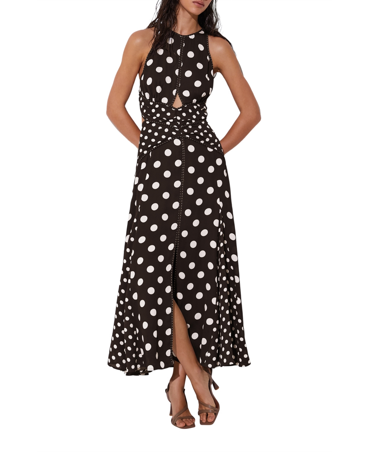 Click here for Reiss Womens Polka-Dot Cut-Out Midi Dress - Chocol... prices