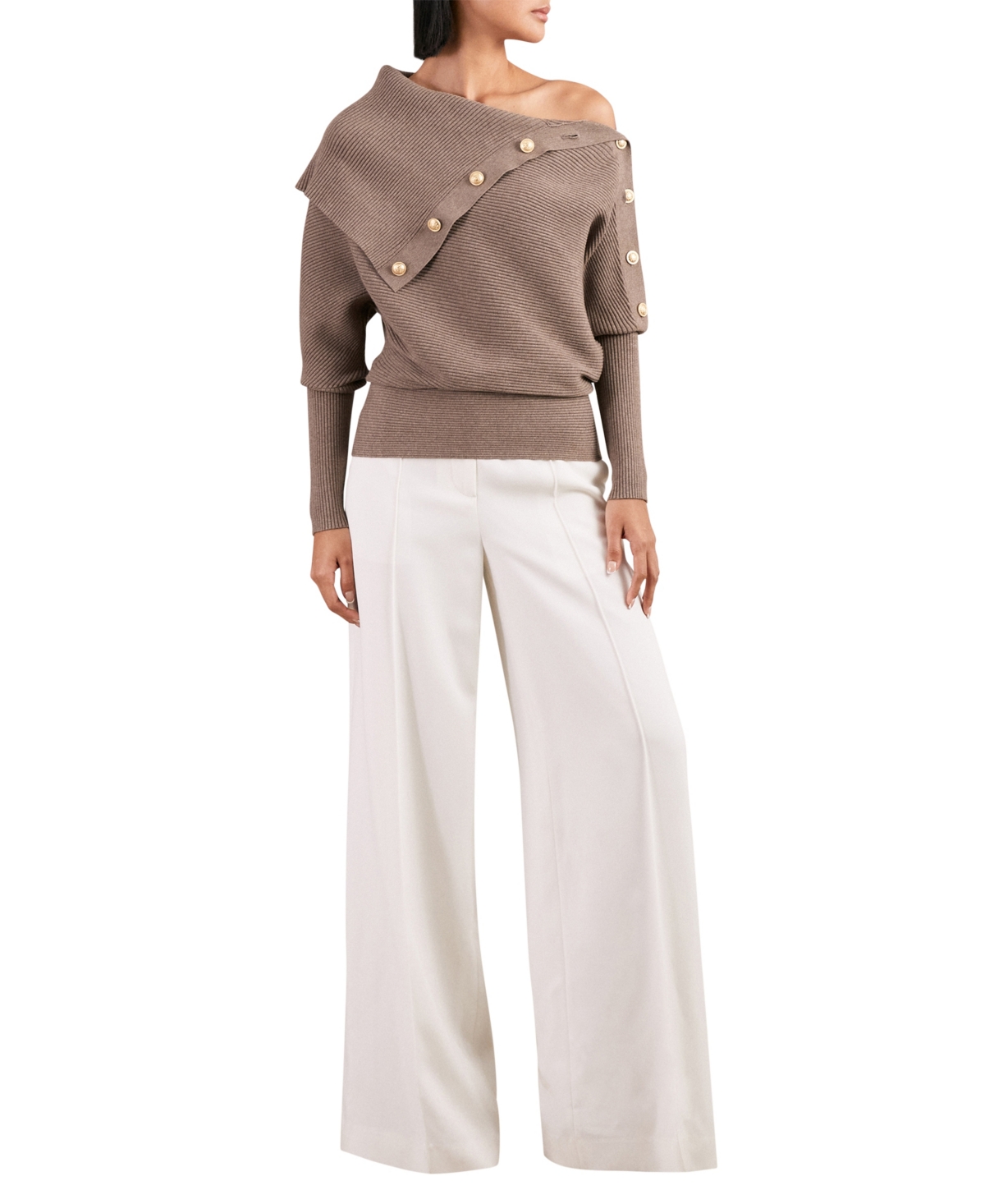 Click here for Reiss Womens Lexi Button Shawl Jumper Top - Taupe prices