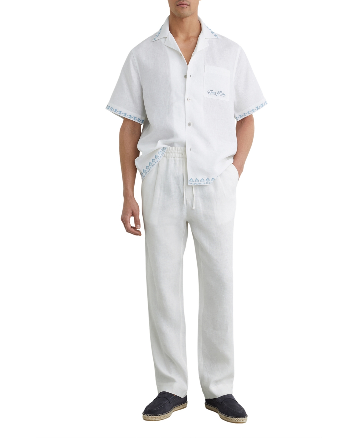 Click here for Reiss Mens Cubana Cotton-Linen Slogan-Print Shirt... prices