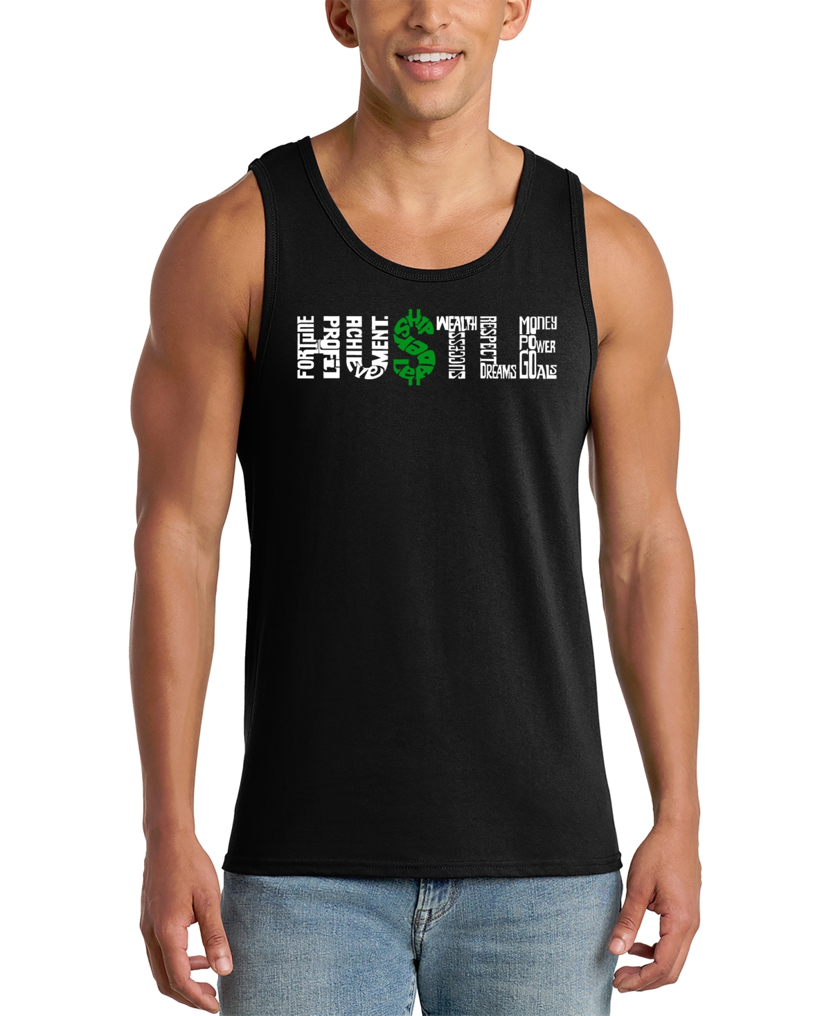 Click here for La Pop Art Mens Hustle Word Art Tank Top - Black prices