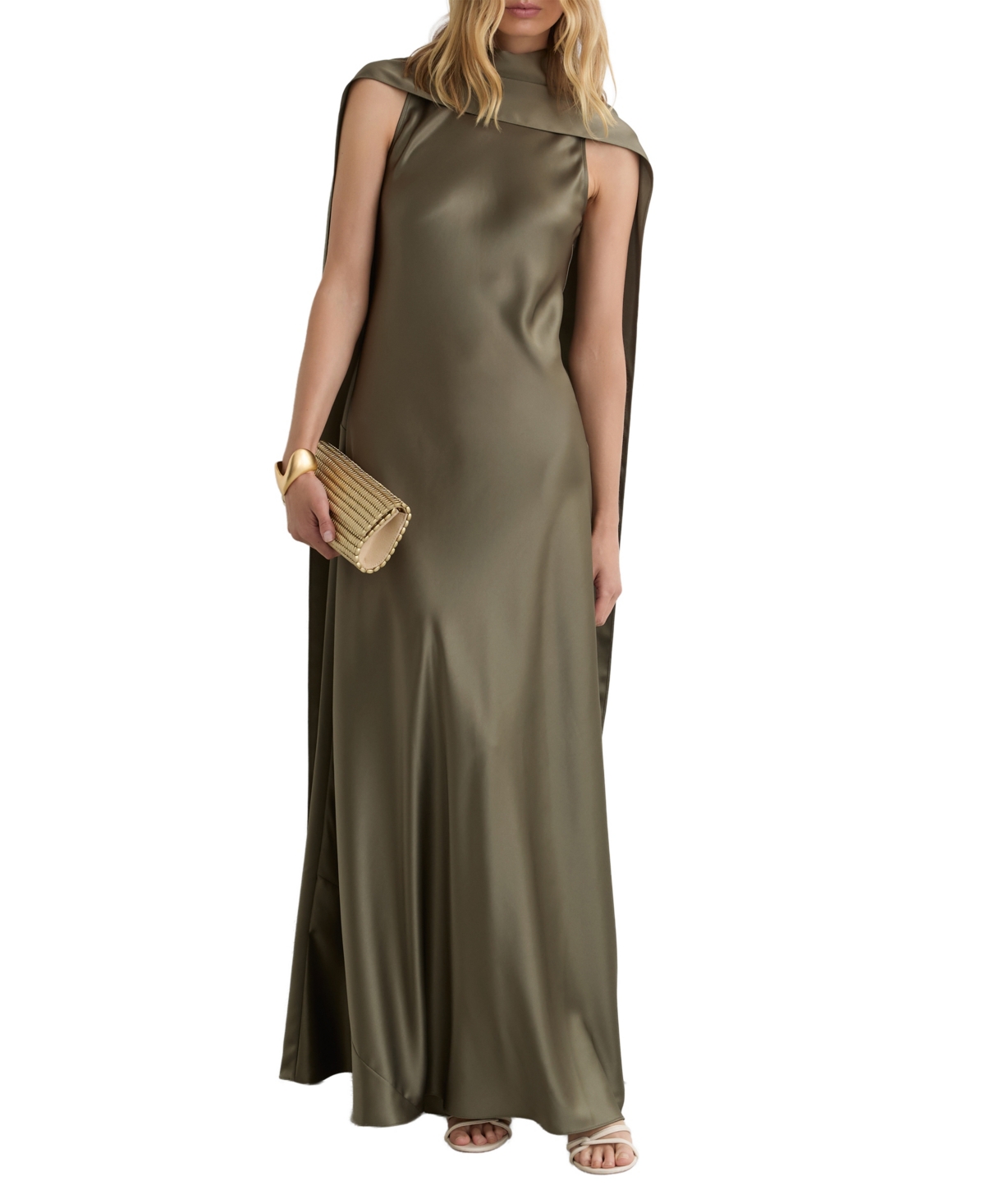 Click here for Reiss Womens Satin Cape Maxi Dress - Khaki Green prices