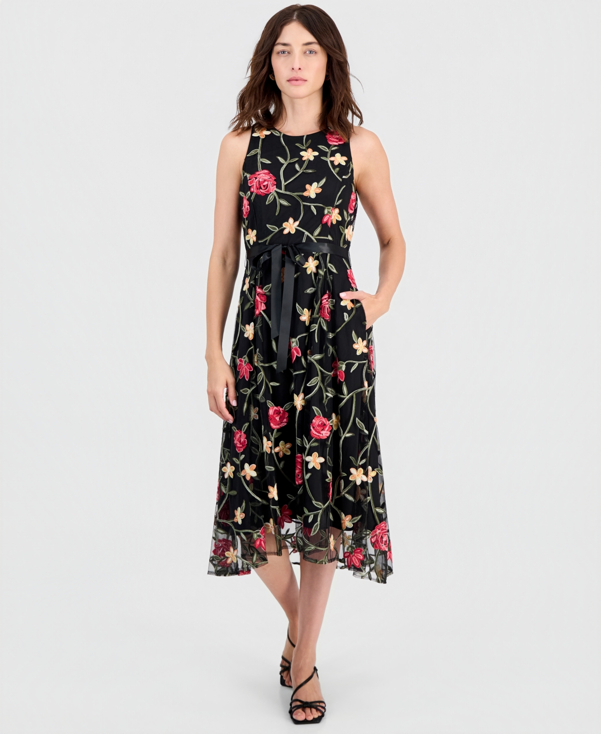 Click here for Tahari Asl Womens Embroidered Belted Sleeveless Dr... prices