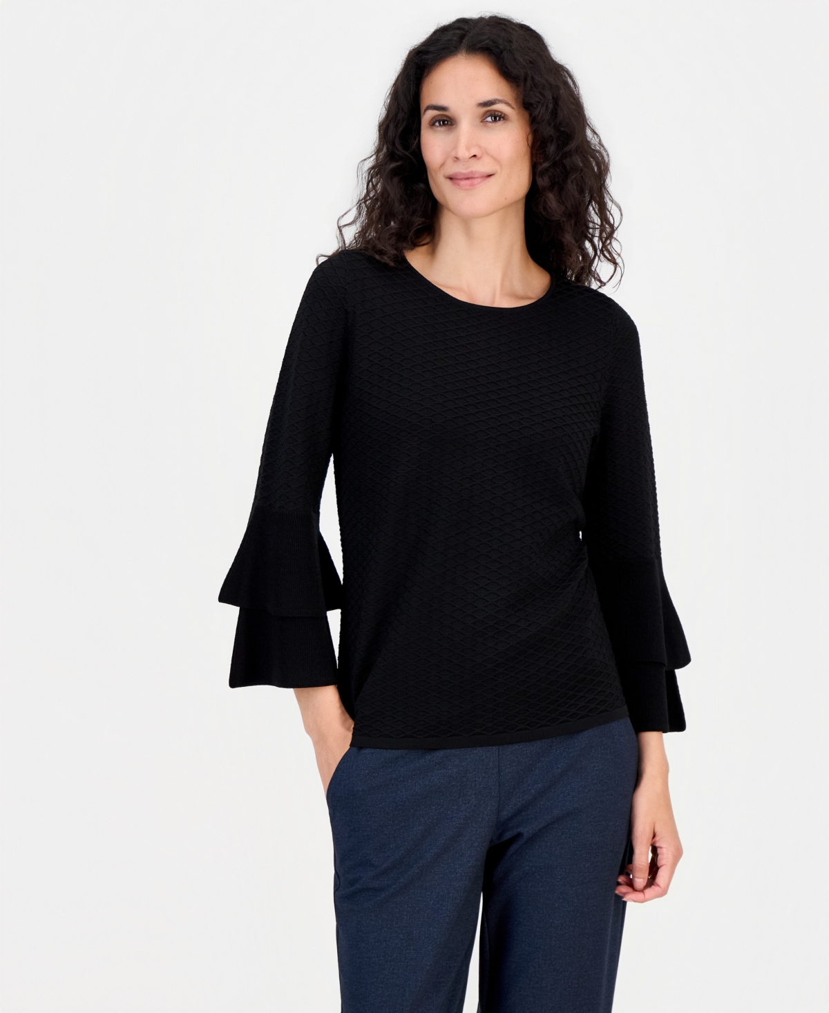 Click here for Kasper Petite Flare-Sleeve Boat Neck Textured-Stit... prices