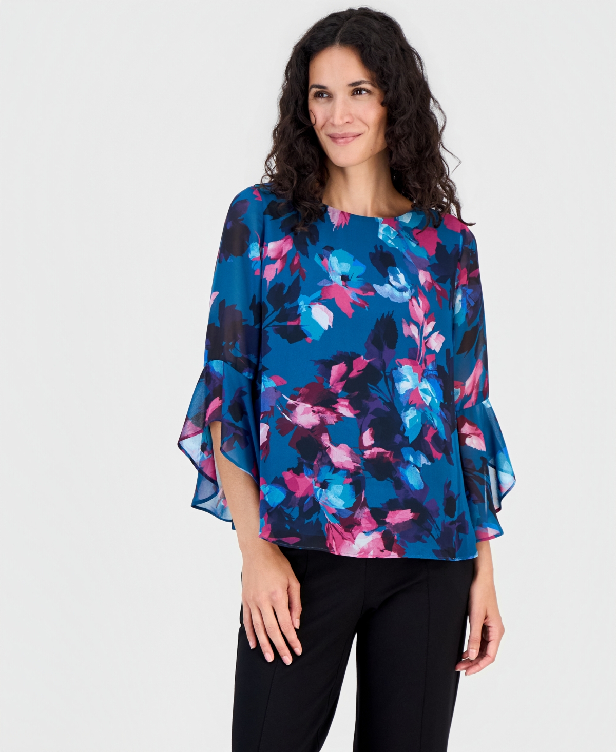 Click here for Kasper Womens Crewneck Ruffle-Sleeve Blouse - Mult... prices